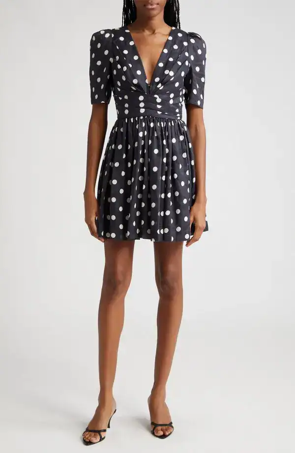 Zimmermann Polka Dot Pleated Linen Minidress Black/ Cream Dot